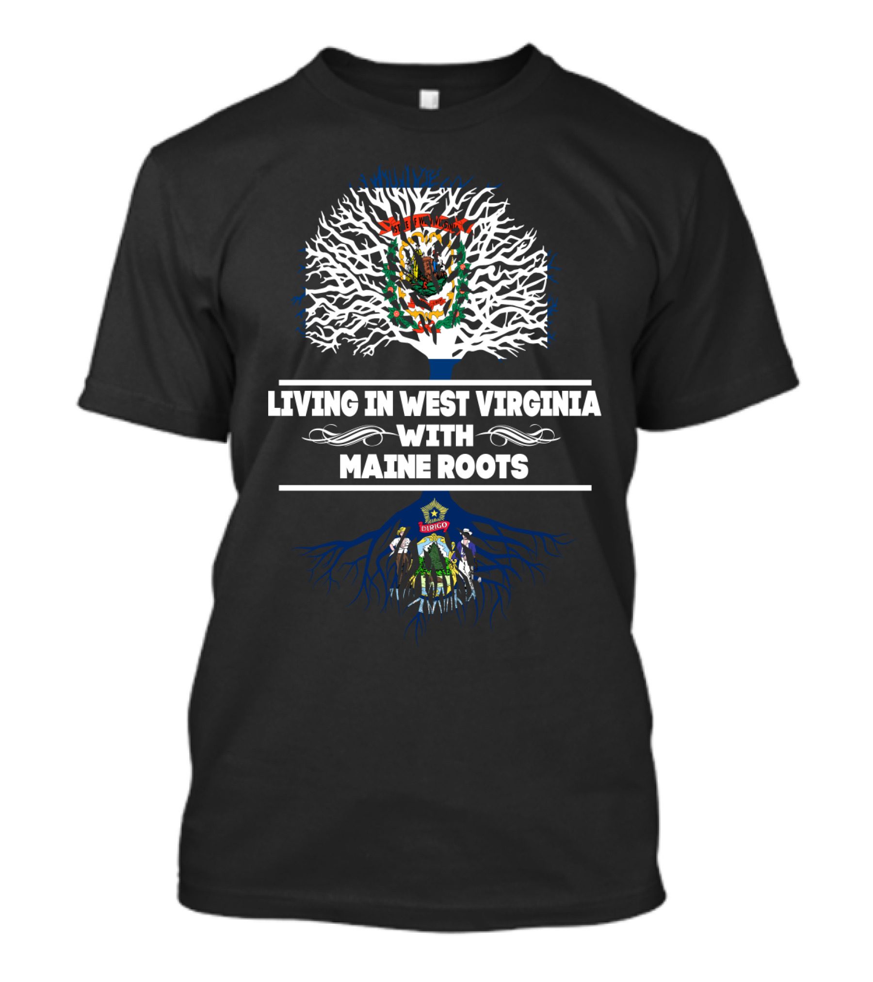 West Virginia Residency Embracing Maine Ancestry With State Coat Of Arms Symbolism T-Shirt