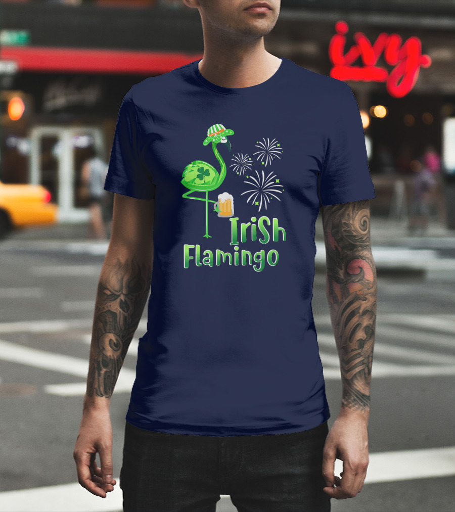 Irish Flamingo Drinking Beer St Patricks Day Shamrock Fireworks T-Shirt