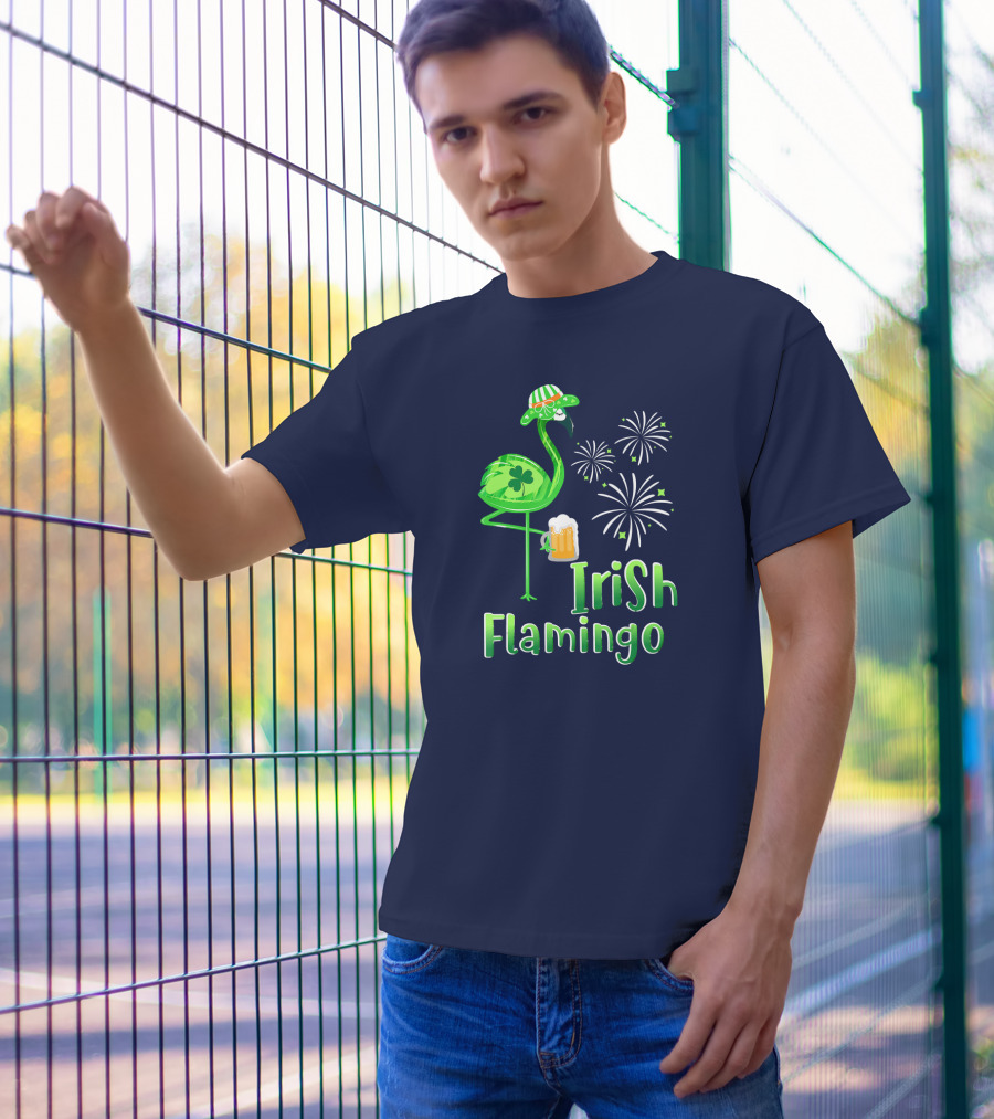 Irish Flamingo Drinking Beer St Patricks Day Shamrock Fireworks T-Shirt