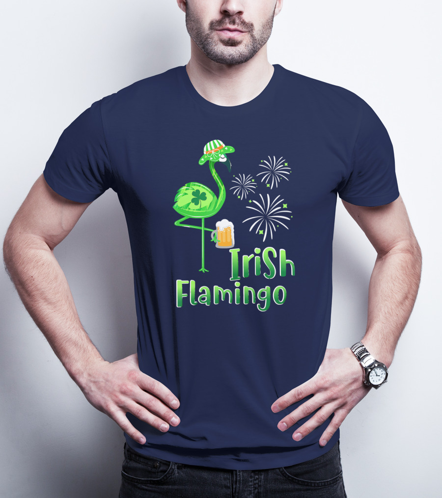 Irish Flamingo Drinking Beer St Patricks Day Shamrock Fireworks T-Shirt