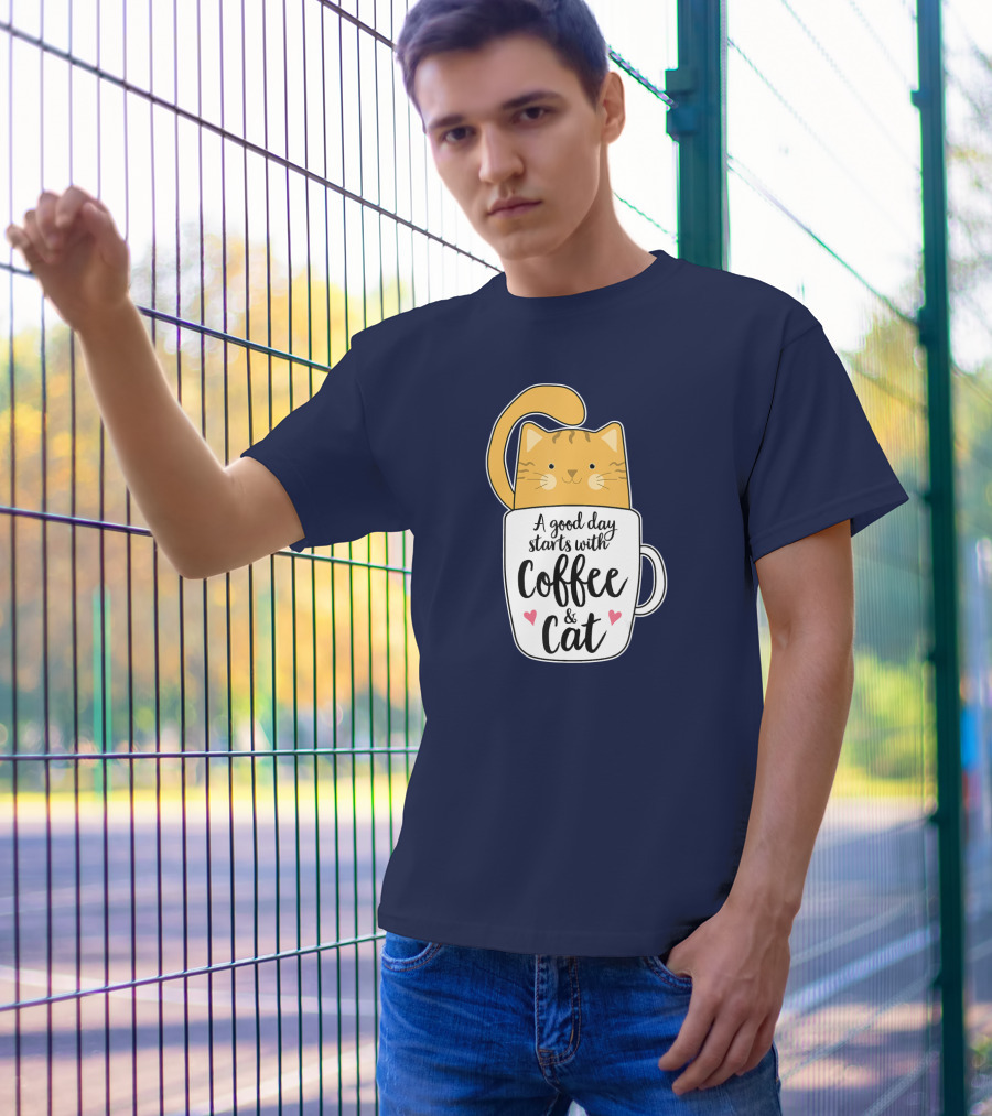 Funny Orange Cat A Good Day Starts With Coffee And Cat T-Shirt