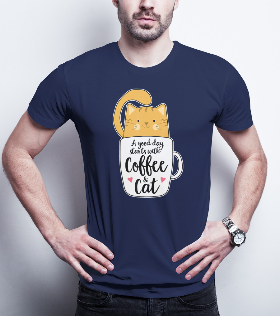 Funny Orange Cat A Good Day Starts With Coffee And Cat T-Shirt