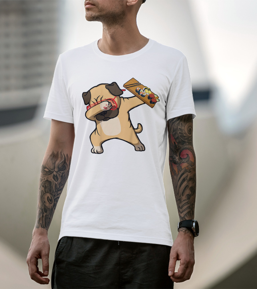 Dabbing Pug With Sushi Plate And Chopstick Glasses T-Shirt