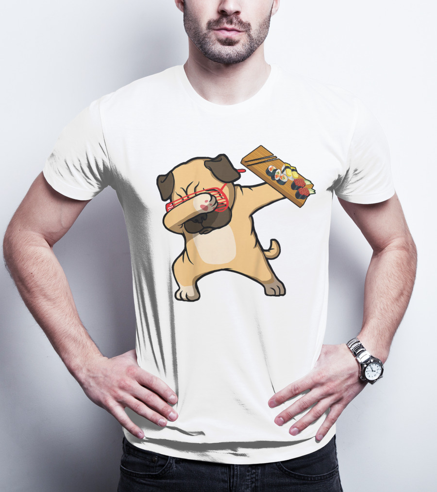 Dabbing Pug With Sushi Plate And Chopstick Glasses T-Shirt