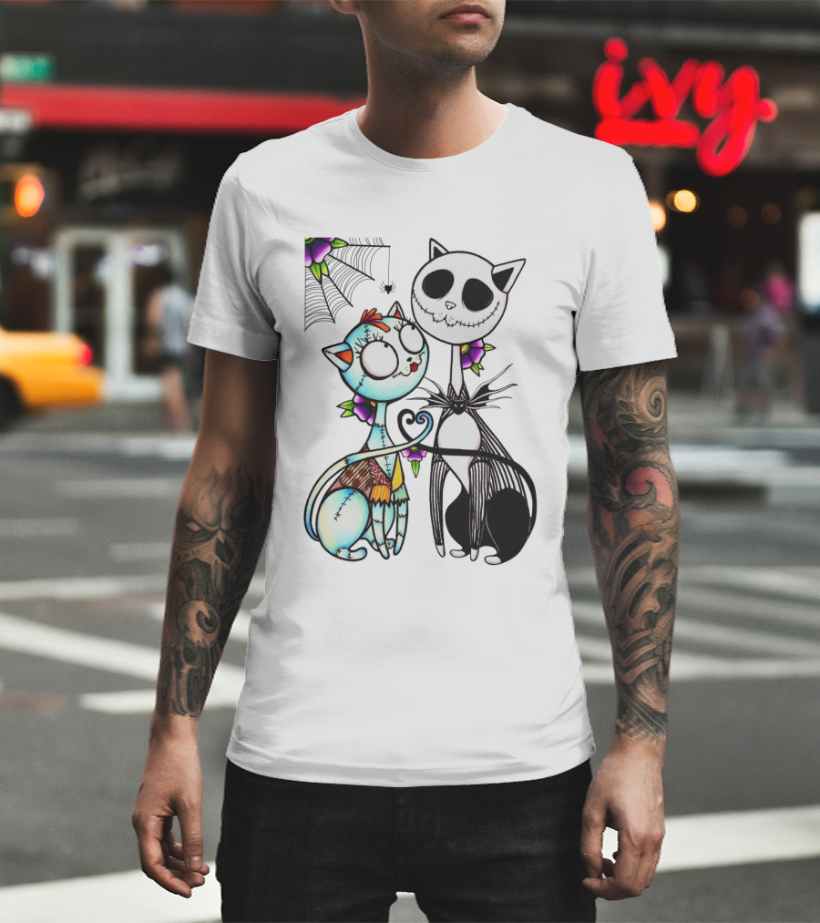 Cat Version Of Jack Skellington And Sally With Spider Web And Flowers T-Shirt