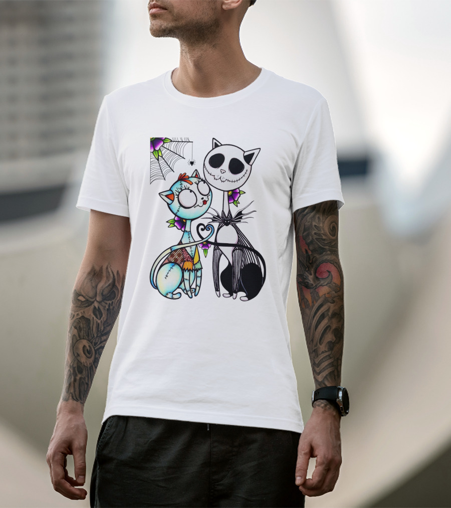 Cat Version Of Jack Skellington And Sally With Spider Web And Flowers T-Shirt