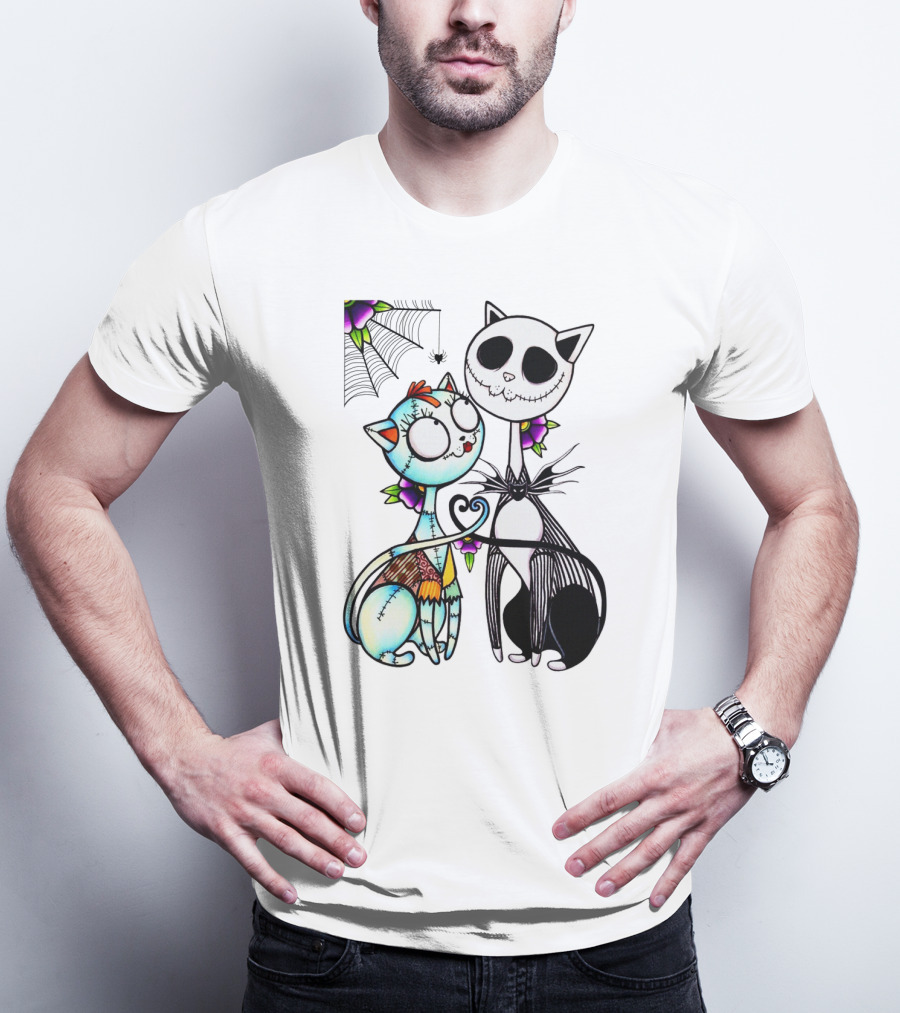 Cat Version Of Jack Skellington And Sally With Spider Web And Flowers T-Shirt