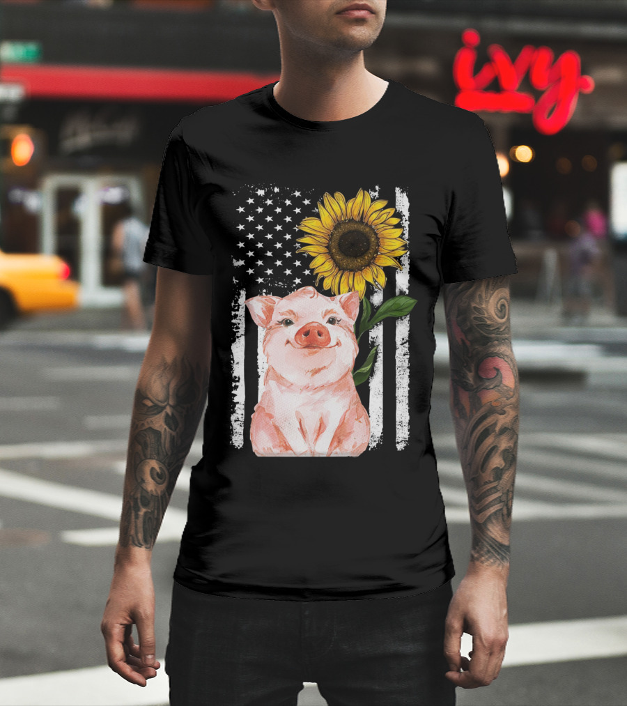 American Flag Sunflower Pig Vintage T-Shirt
