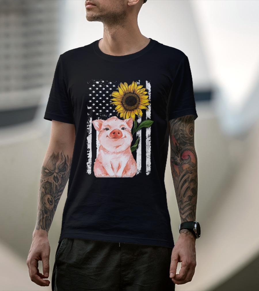American Flag Sunflower Pig Vintage T-Shirt