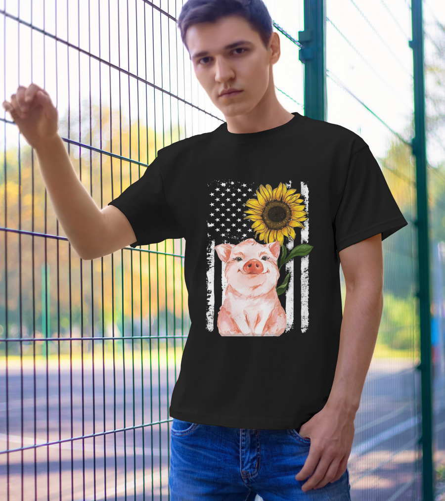 American Flag Sunflower Pig Vintage T-Shirt