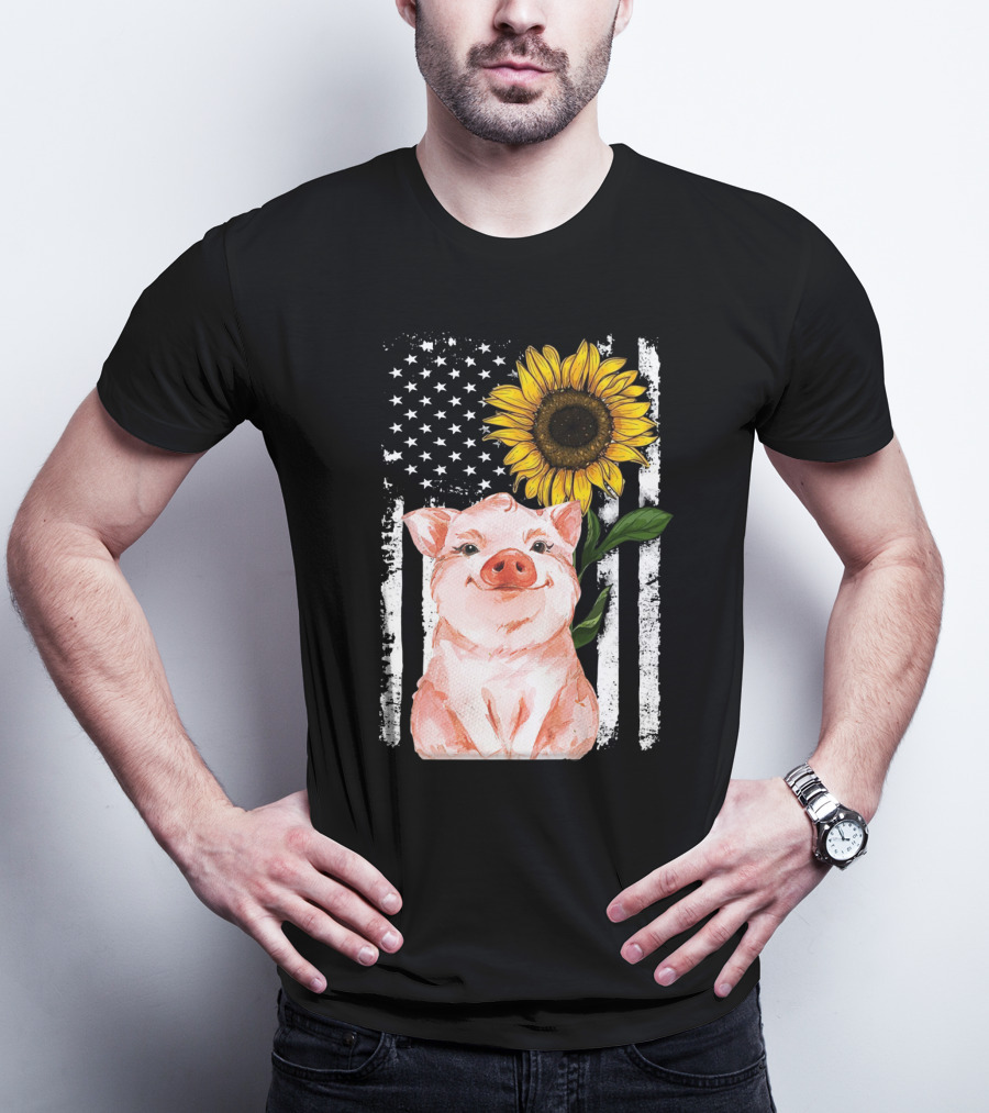 American Flag Sunflower Pig Vintage T-Shirt