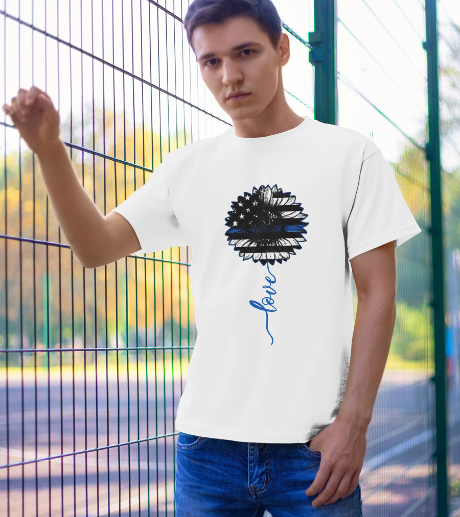 American Flag Sunflower Thin Blue Line Love T-Shirt