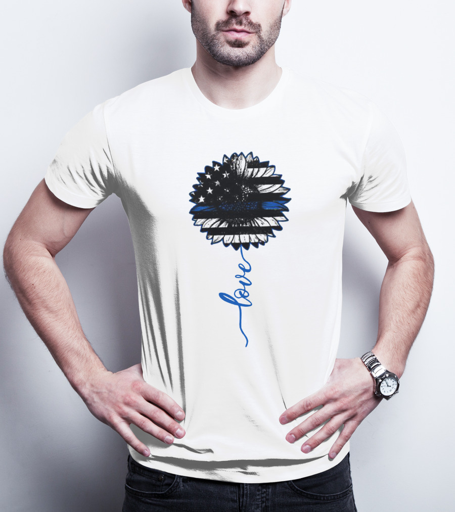 American Flag Sunflower Thin Blue Line Love T-Shirt