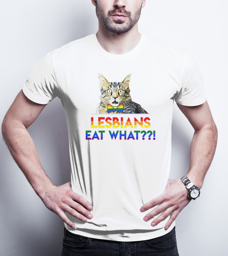 Lesbians Eat What Rainbow Cat Bowtie T-Shirt