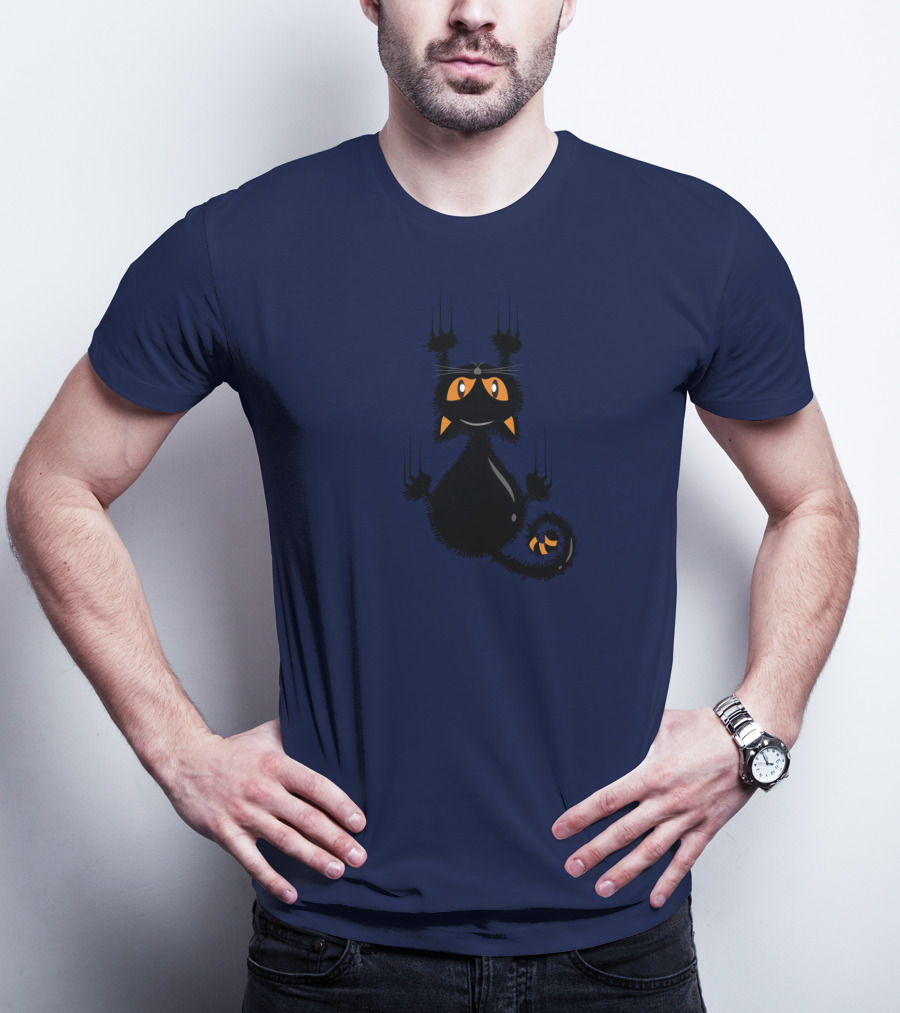 Cartoon Cute Halloween Black Cat With Orange Eyes And Scratching Claws T-Shirt