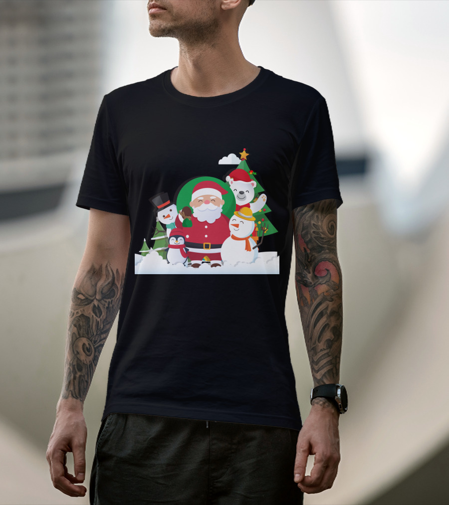 Christmas With Santa Claus Snowman Penguin Polar Bear Festive Scene T-Shirt