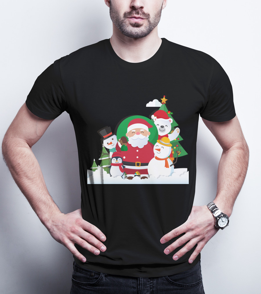 Christmas With Santa Claus Snowman Penguin Polar Bear Festive Scene T-Shirt