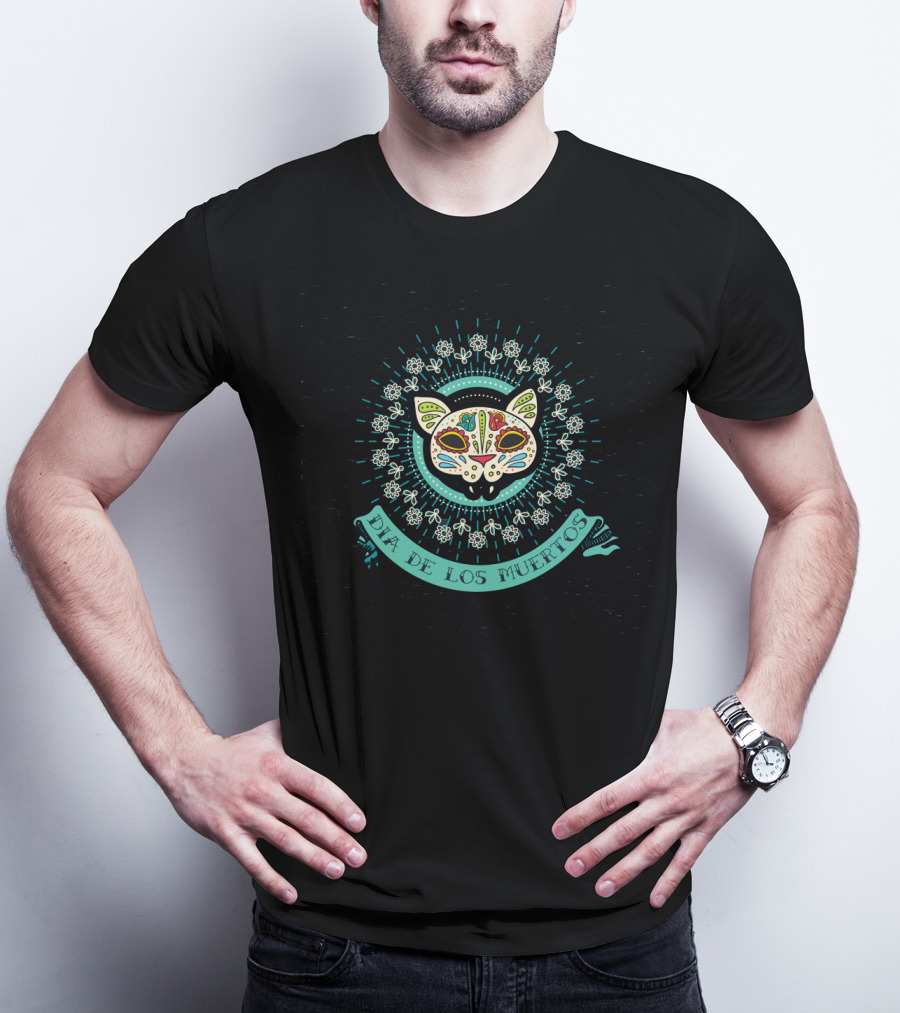 Dia De Los Muertos Sugar Skull Cat With Floral Decor In Teal And White T-Shirt