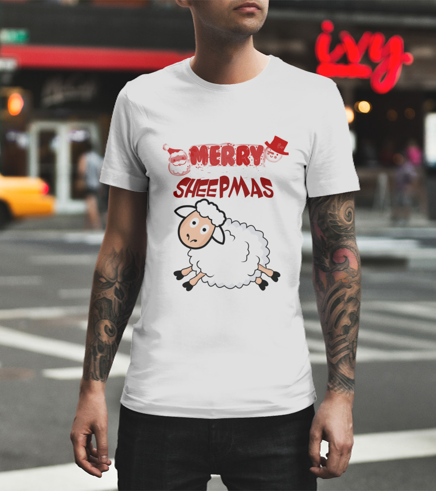 Merry Sheepmas Funny Christmas Santa Sheep With Snowman Hat T-Shirt