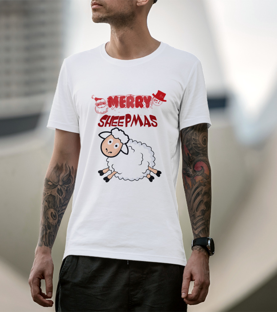 Merry Sheepmas Funny Christmas Santa Sheep With Snowman Hat T-Shirt