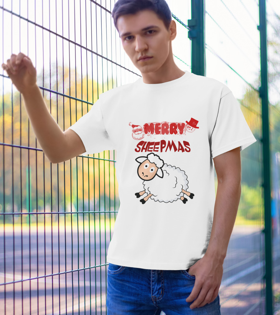 Merry Sheepmas Funny Christmas Santa Sheep With Snowman Hat T-Shirt