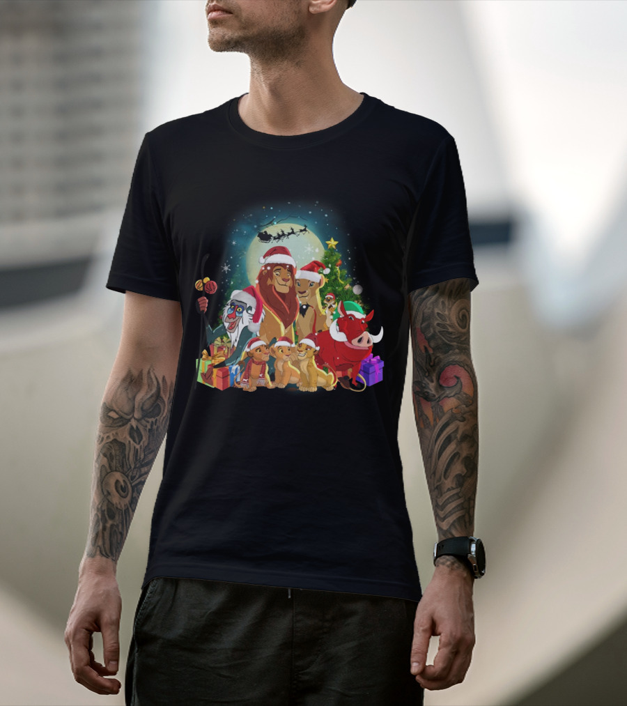 The Lion King Merry Christmas Santa Hats Moon And Sleigh T-Shirt