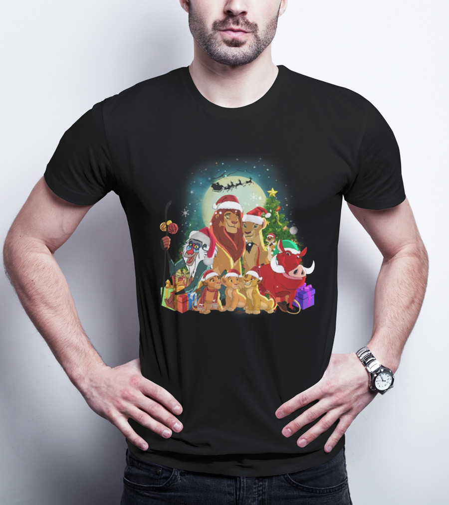The Lion King Merry Christmas Santa Hats Moon And Sleigh T-Shirt