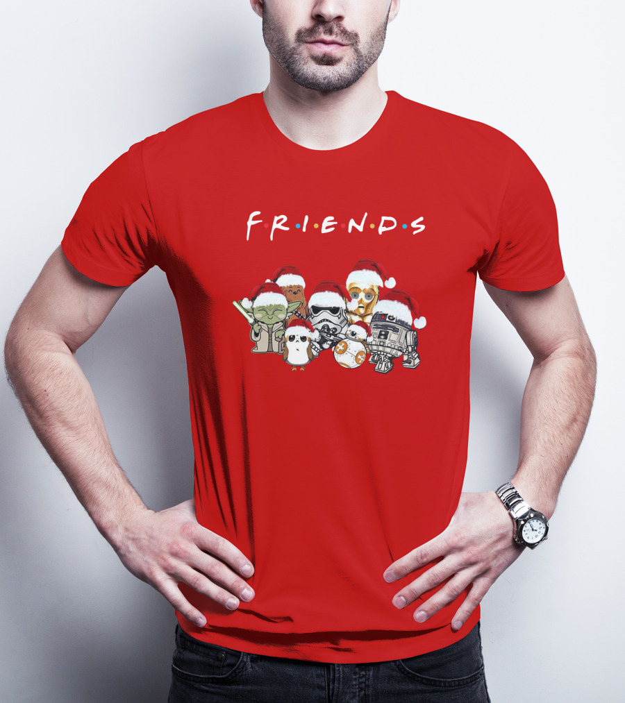 Star Wars Characters Yoda Chewbacca Porgs Stormtrooper R2 D2 C 3PO BB 8 Friends TV Show Christmas Santa Hats T-Shirt