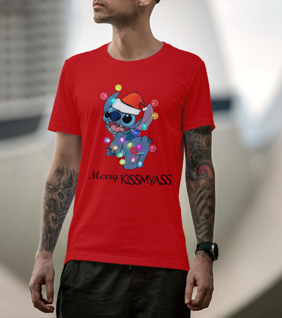 Merry Kissmyass Christmas Stitch Santa Hat Lights T-Shirt