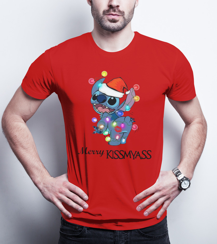 Merry Kissmyass Christmas Stitch Santa Hat Lights T-Shirt