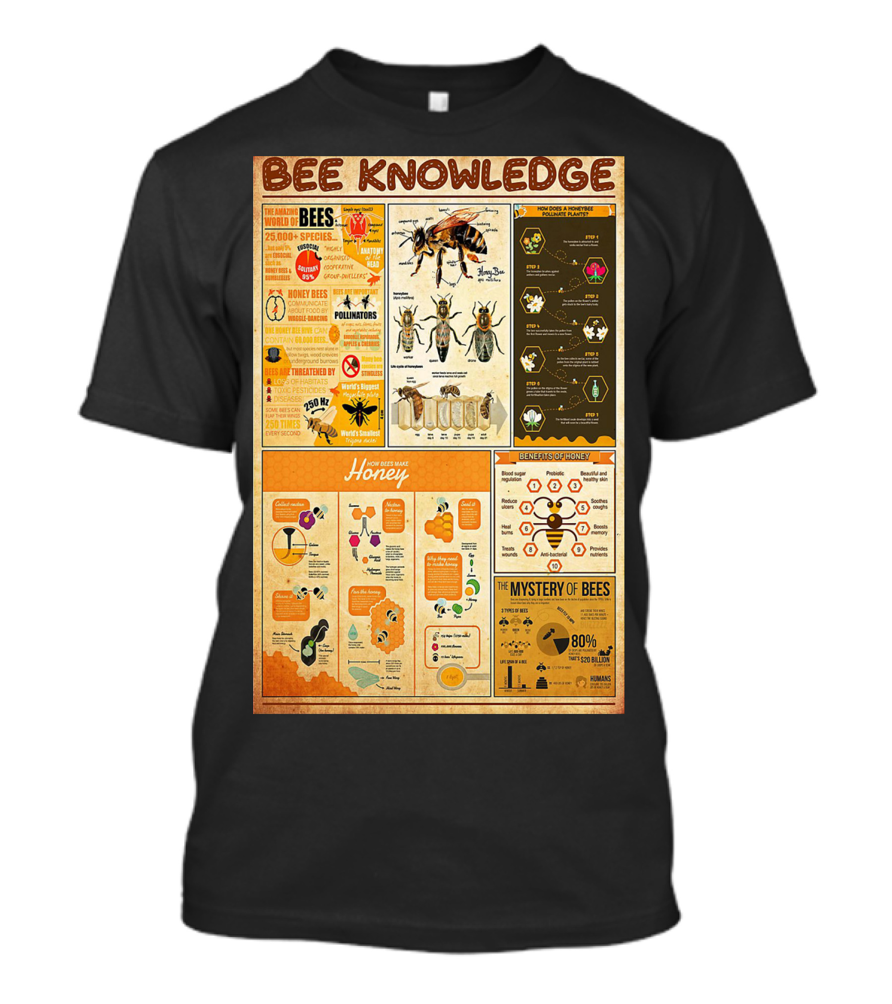 Bee Knowledge 25000 Species Pollinators Life Cycle Honey Production Mystery Of Bees T-Shirt