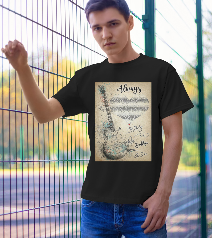 Always Bon Jovi Song Lyrics Guitar Art With Band Signatures T-Shirt