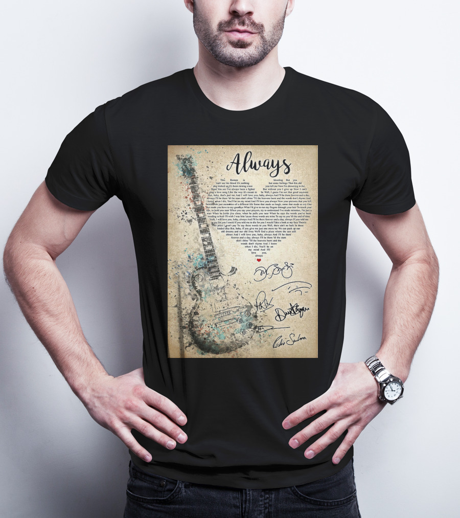 Always Bon Jovi Song Lyrics Guitar Art With Band Signatures T-Shirt