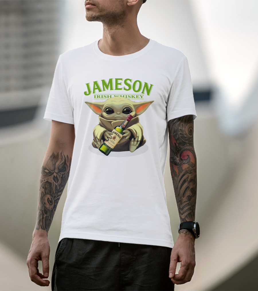 Jameson Irish Whiskey Baby Yoda Holding Whiskey Bottle T-Shirt