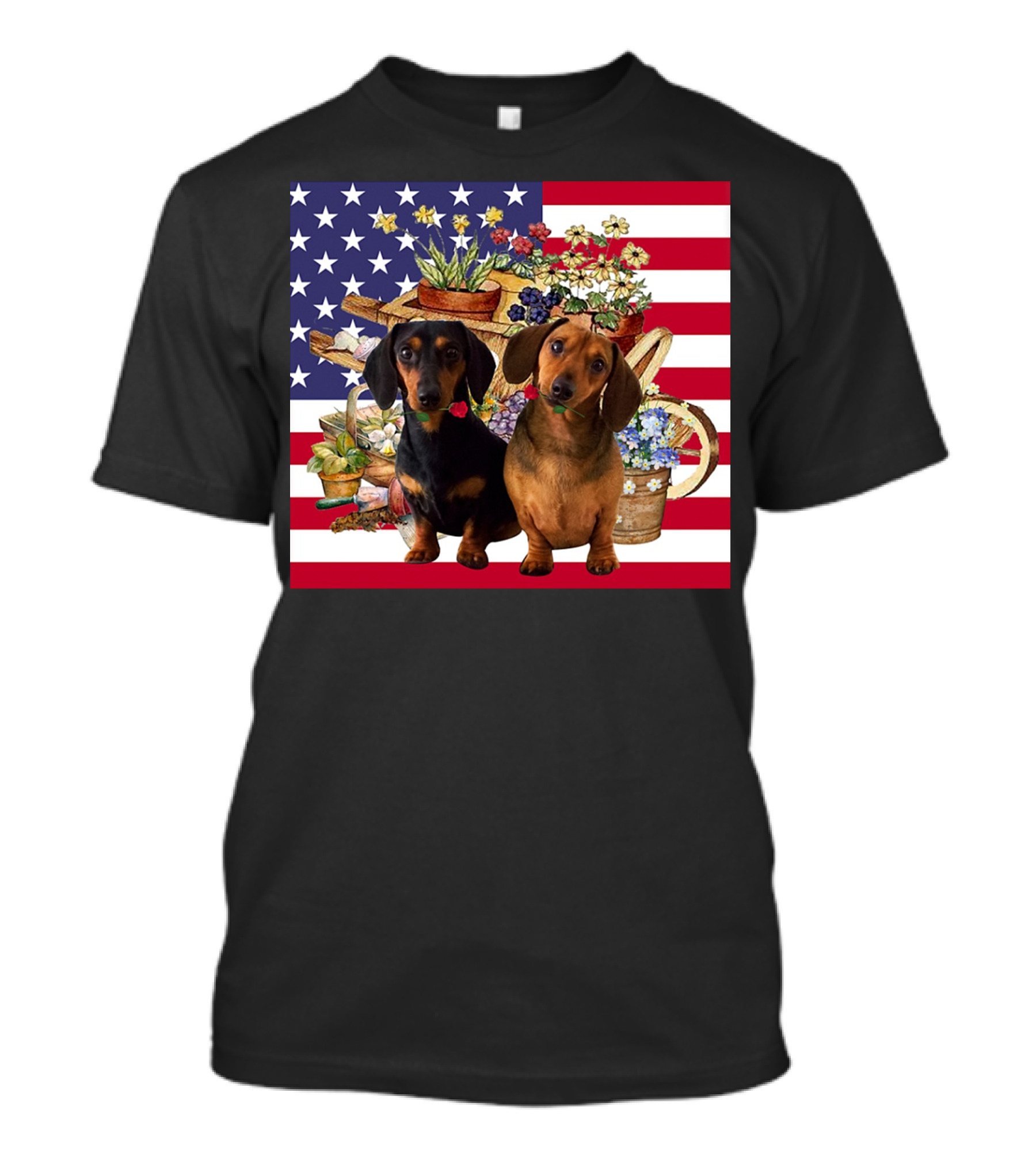 Daschund Flower Garden American Flag Backdrop Face Mask T-Shirt