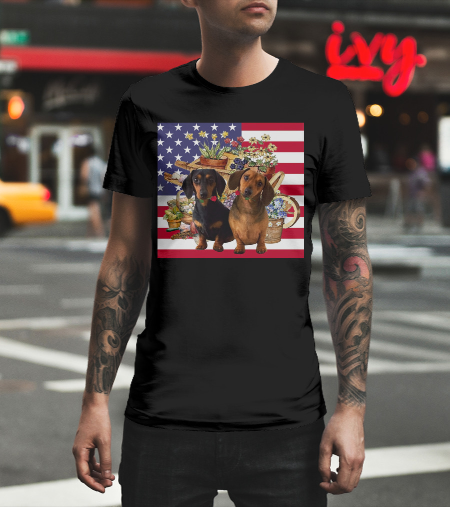 Daschund Flower Garden American Flag Backdrop Face Mask T-Shirt