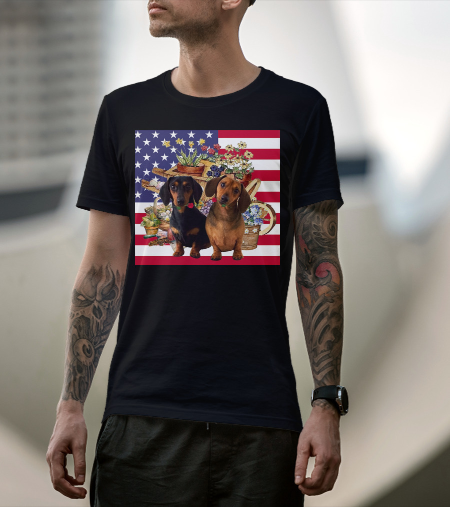 Daschund Flower Garden American Flag Backdrop Face Mask T-Shirt