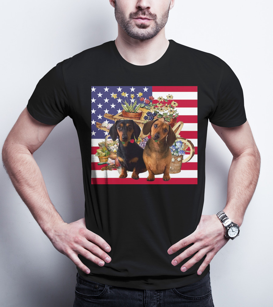 Daschund Flower Garden American Flag Backdrop Face Mask T-Shirt