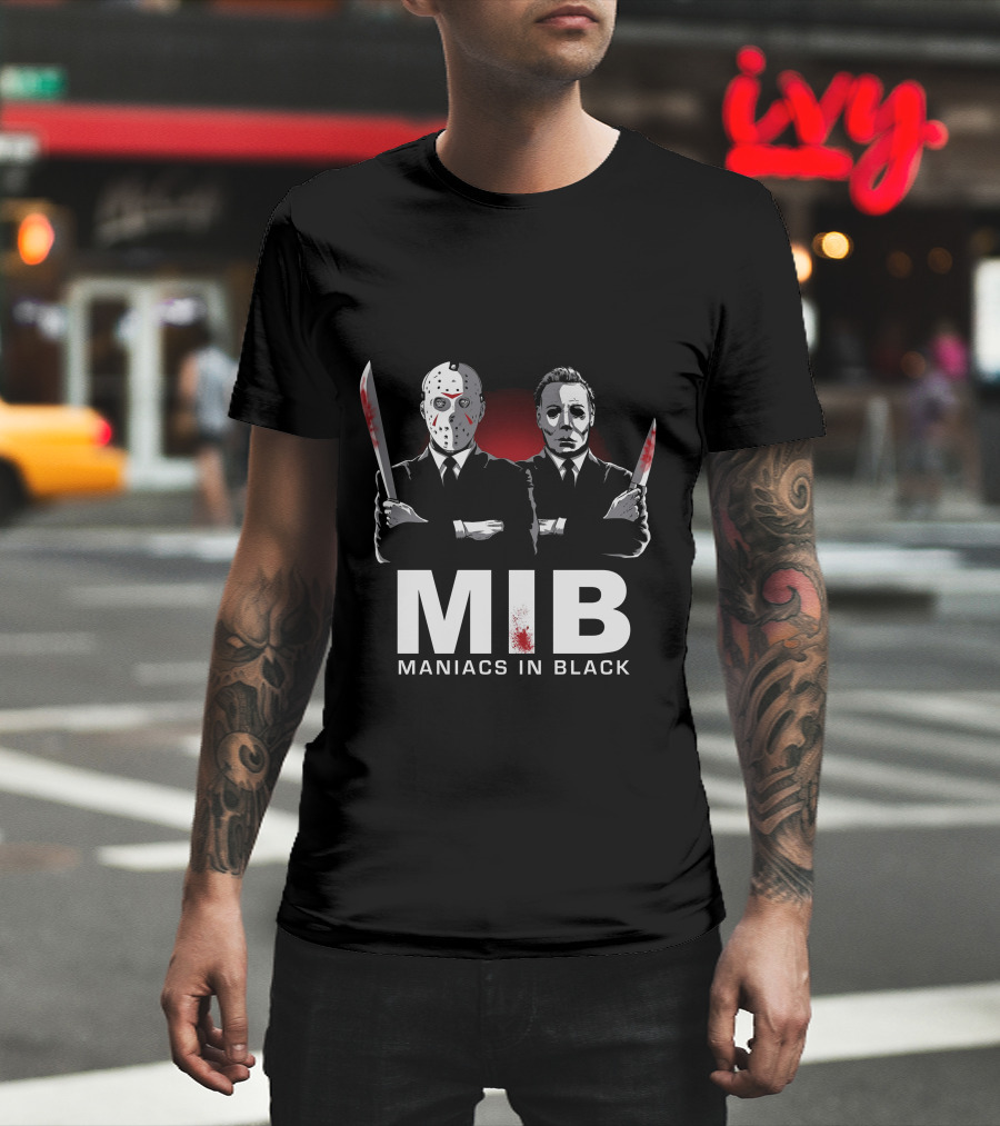 MIB Maniacs In Black Jason Voorhees Michael Myers Horror Crossover T-Shirt