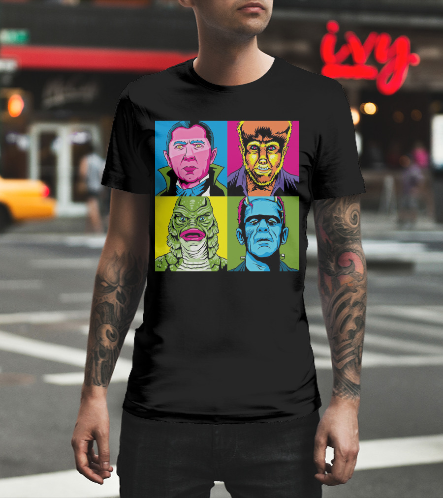 Dracula Frankenstein Wolfman Creature Horror Pop Art Icons T-Shirt
