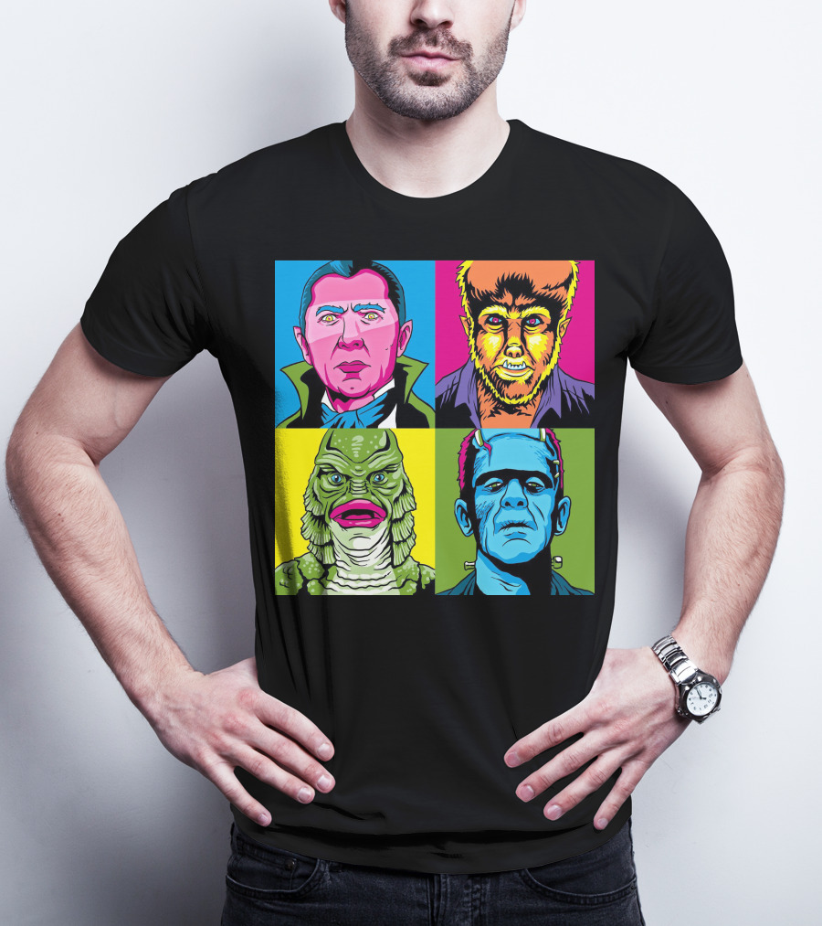 Dracula Frankenstein Wolfman Creature Horror Pop Art Icons T-Shirt