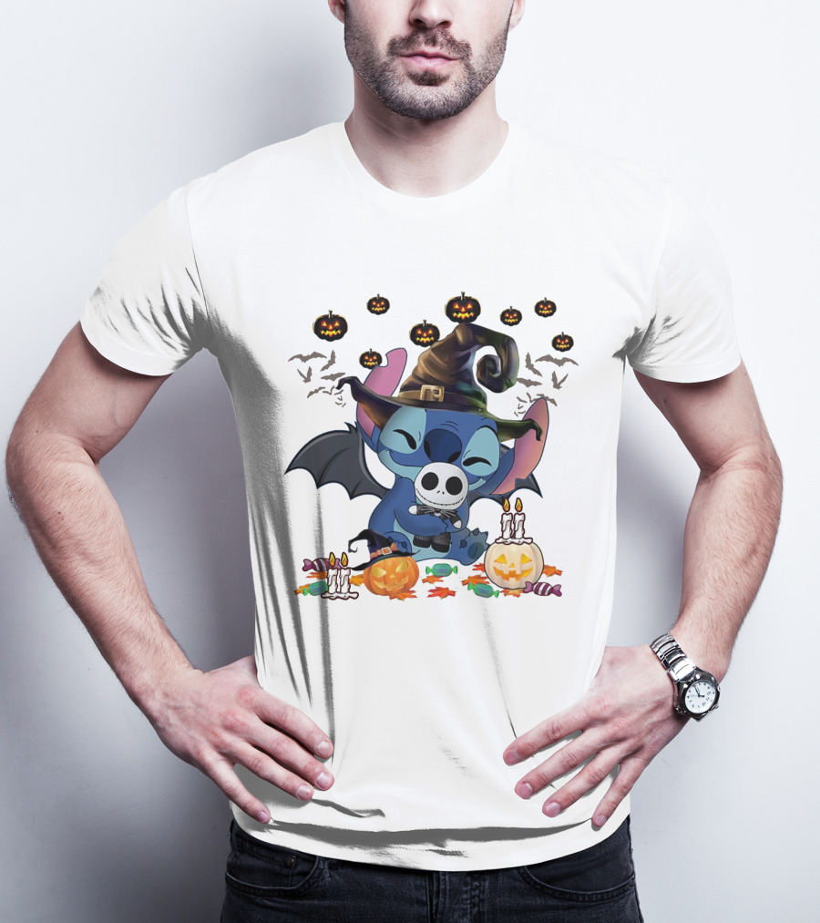 Halloween Stitch Witch With Baby Jack Skellington Surrounded By Pumpkins And Candy T-Shirt