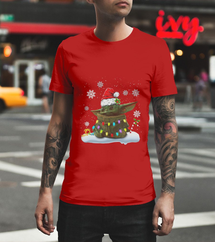 Santa Baby Yoda Christmas Lights Snowflakes Candy Cane Holiday Scene T-Shirt