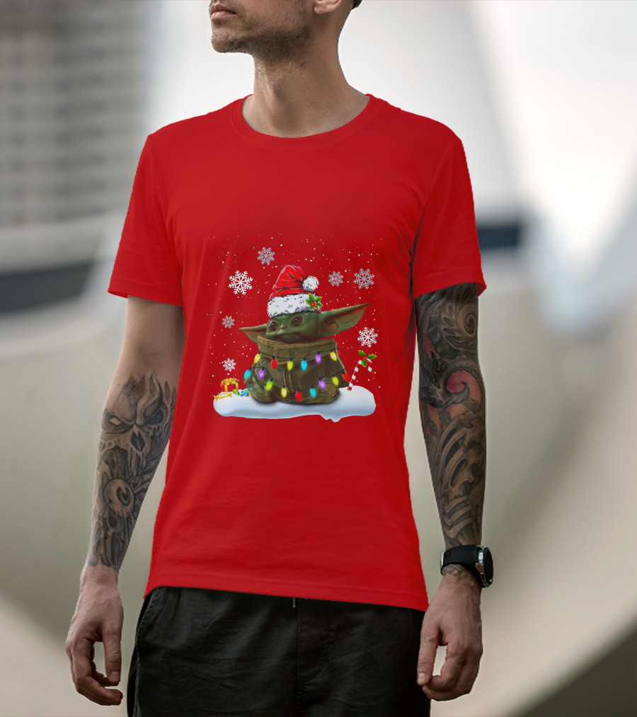 Santa Baby Yoda Christmas Lights Snowflakes Candy Cane Holiday Scene T-Shirt