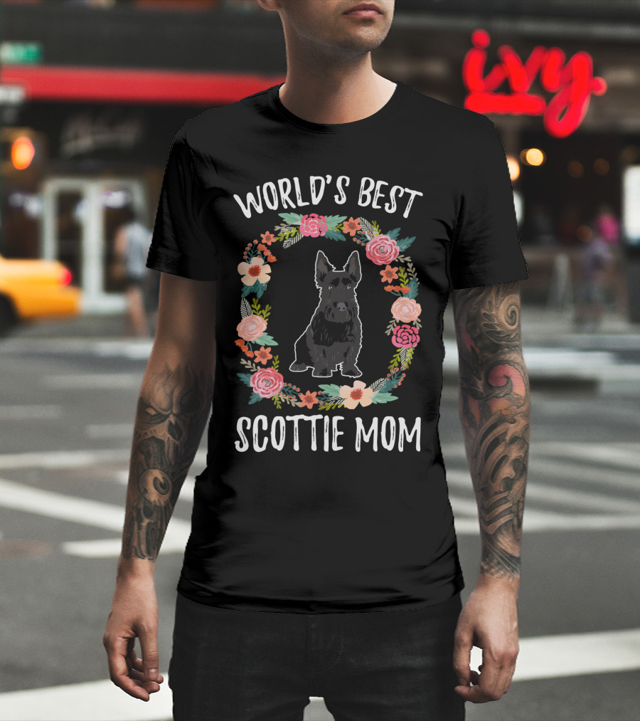 World's Best Scottie Mom Floral Wreath T-Shirt