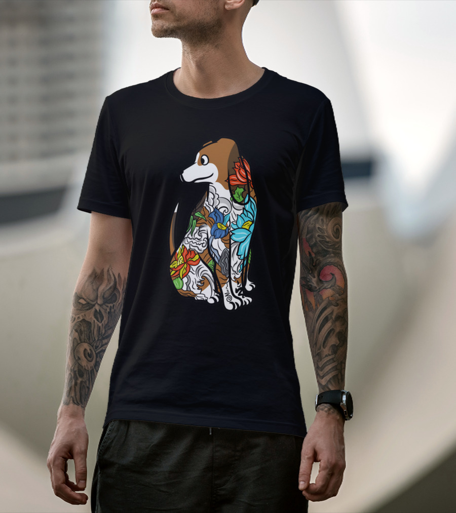 Basset Hound Tattoo Floral Art Design With Vibrant Colors T-Shirt