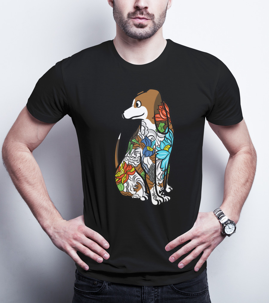 Basset Hound Tattoo Floral Art Design With Vibrant Colors T-Shirt