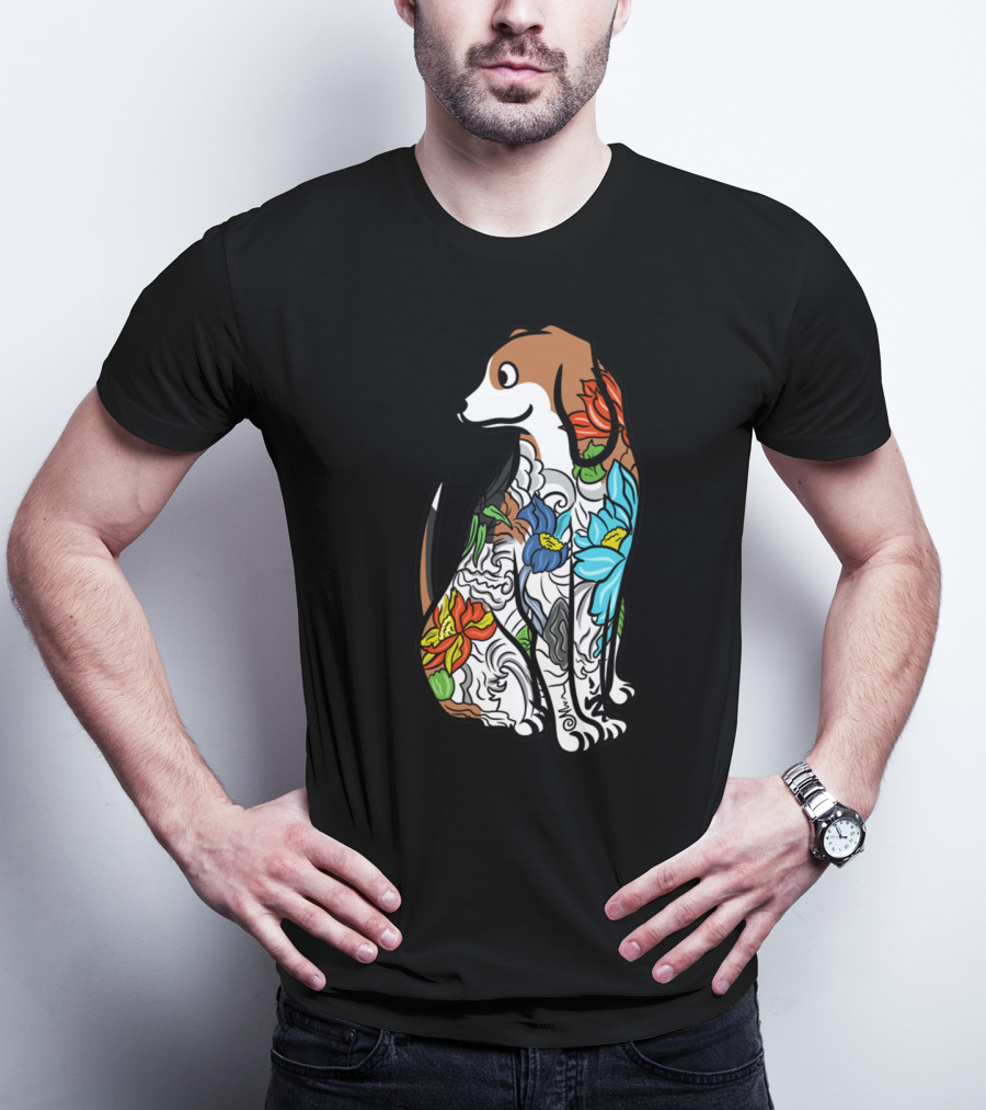 Beagle With Vibrant Floral Tattoo T-Shirt