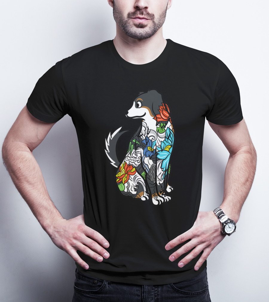 Colorful Floral Tattoo Style Bernese Mountain Dog T-Shirt