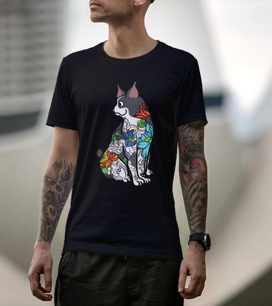 Boston Terrier With Colorful Floral Tattoo T-Shirt